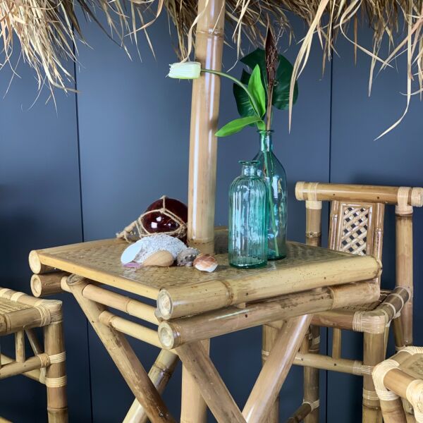 Thatched Parasol with Table and Bamboo Pole.