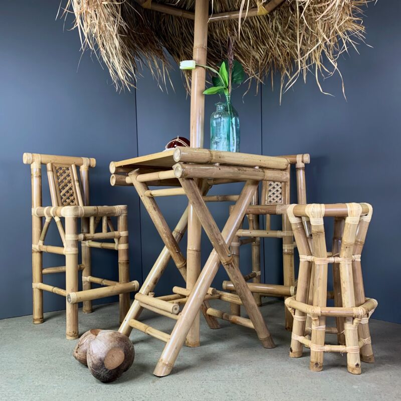 Thatched Parasol with Table and Bamboo Pole.